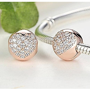 Pink Cherry Blossom CZ Clip 925 Sterling Silver Bead love heart Charm Clip Charm Lock Stopper Charm Spacer Charm for Pandora Charms Bracelet (Rose Gold Love Charms)