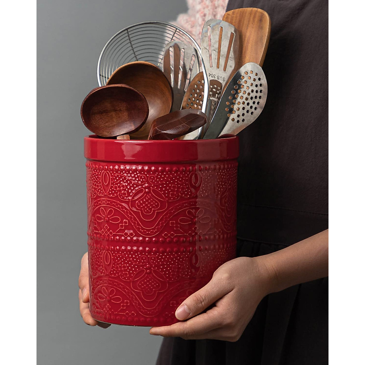 FUN ELEMENTS Kitchen Utensil Holder, 7.2" Super Large Utensil Crock Heavy and Stable Lace Emboss Ceramic Utensil Holder for Kitchen Counter (Christmas Red)