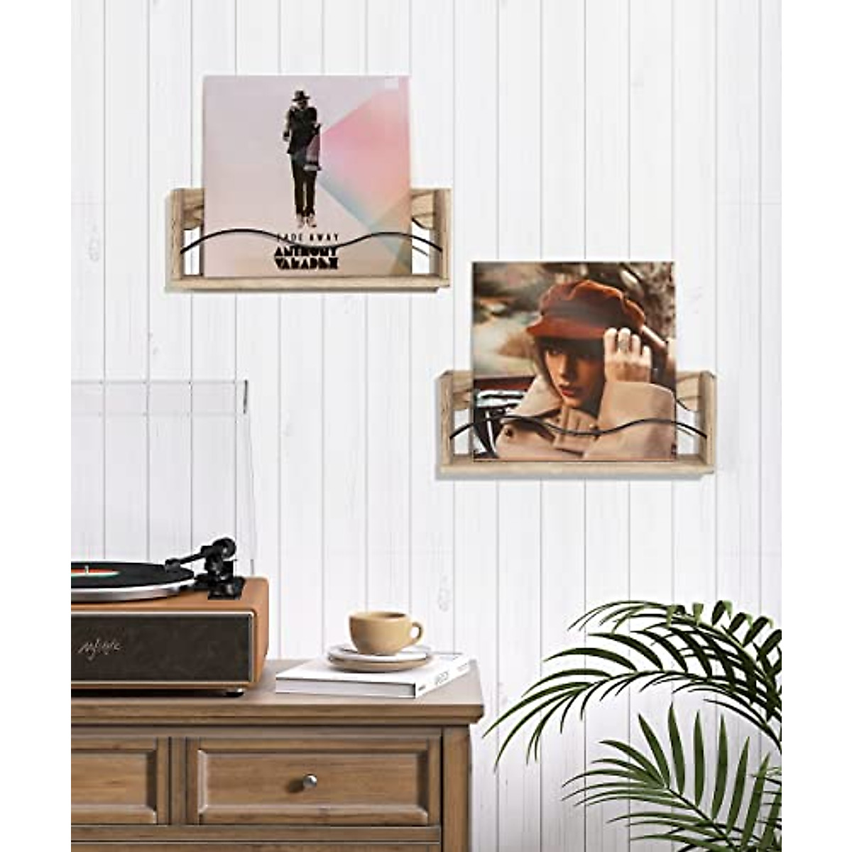 Sapowerntus Wood Book Shelves Wall Mounted, Rustic Nursery Magazine Holder Organizer Vinyl Record Rack with Curve Rail Wave Design, Wall Bookshelf Home Room Office Decor, Set of 2