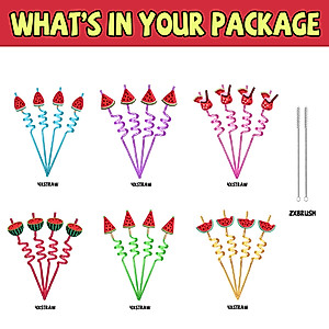 AFZMON 24 PCS Watermelon Drinking Straws Reusable Fruit Plastic Beverages Cocktail Straw with Cartoon Decoration for Kids Watermelon Party Supplies for One in A Melon Birthday Party Favors