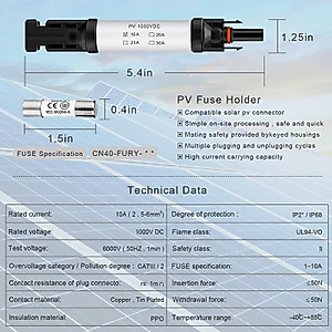 Pvfarosh 10A Solar Fuse Connector IP68 Waterproof 1000V in line Fuse Holder 10A Male and Female Connector Waterproof in Line Fuse Holder Contains 4 fuses 2 Solar 10A 2PCS