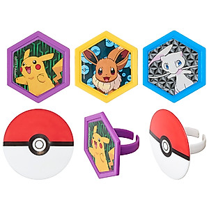 DecoPac Pokémon I Choose You Rings, Cupcake Decorations With Pikachu, Eevee, Mew, and Poké Ball, Multicolored Food Safe Cake Toppers – 24 Pack