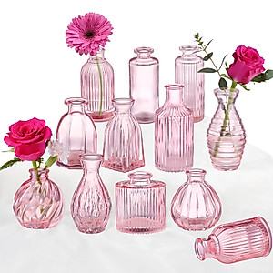 Pink Glass Bud Vases in Bulk 24, Pink Vase Small Glass Vases for Flowers Modern Ribbed Glass Bud Vase for Decor Wedding Flower Vase Bulks Vintage Decor Bridal Shower Centerpieces Home Table Decoration
