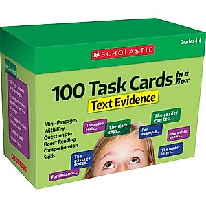 Scholastic Teaching Resources (Teaching Strategies) 100 Task Cards in a Box: Text Evidence: Mini-Passages with Key Questions to Boost Reading Comprehension Skills includes Box with 120 cards