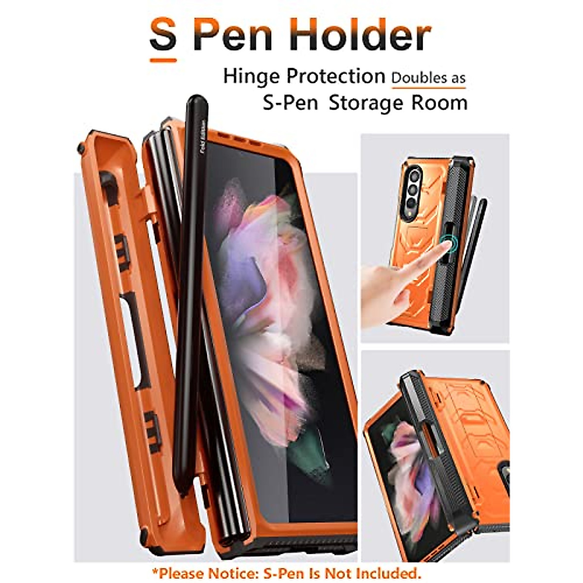BXYJY for Samsung Galaxy Z Fold 3 Case with S Pen Holder, Built-in Kickstand/HD Screen Protector/Camera & Hinge Protection, 360° Protection Phone Case Cover for Samsung Galaxy Z Fold 3 5g (Orange)