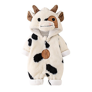 Tempura Baby Girls Boys Winter Plush Jumpsuit Long Sleeve Cartoon Cow Print Zipper Hooded Romper (Beige, 6-12 Months)