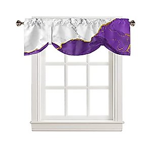 Tie Up Valance 18 Inches Long Wild Marble Pattern Gold Purple White Ombre Adjustable Top Shade Valance for Kitchen Window Treatments Rod Pocket Short Valances for Living Room Kids Room 60x18" 1 Panel