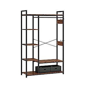 Free Standing Closet Organizer with Storage Box & Side Hook, Portable Garment Rack with 6 Heavy Duty Shelves and Hanging Rod, Black Metal Frame Hanging Closet Shelves - Rustic Brown