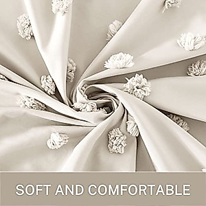 Boho Farmhouse Beige/Cream Shower Curtain Woven Fabric Cute Shower Curtain, 72 x 72 Tufted Pleat Floral Puffs Textured Modern Farmhouse Minimalist Shower Curtain Set with Hooks for Bathroom