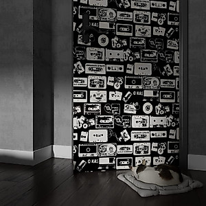 HelloWall 17.71"x78.7" Vintage Wallpaper Peel and Stick Vintage Black and White Wallpaper for Bathroom Waterproof Videotape Self Adhesive Wallpaper Roll Retro Removable Contact Paper Adorn Bookcase