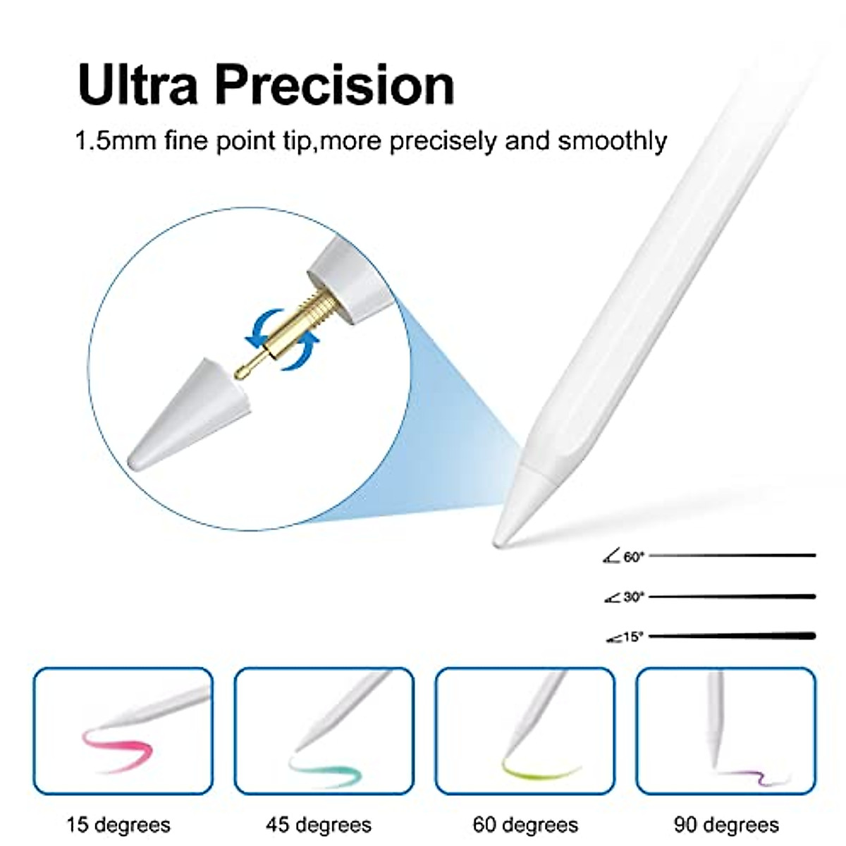 Stylus Pen for iPad,ipad Pen for iPad 10/9th,Apple Pencil Compatible with iPad Pro 12.9/11in,iPad Air 5/4/3,iPad Mini 6th/5th Gen,iPad 6/7/8th Gen,ipad Pen with Palm Rejection,4 Replaceable 1.5mm Tips