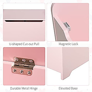 Qaba Kids Toy Chest Wooden Toy Storage Organizer Chest Box with Magnetic Hinge, Large Storage Space, & Groove Handle, Pink