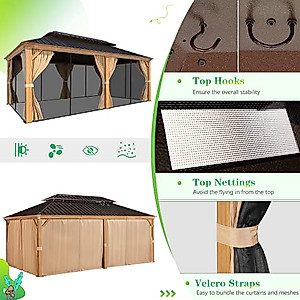 Erinnyees 12' x 20' Aluminum Wood Grain Hardtop Gazebo, Outdoor Aluminum Double Roof with Privacy Curtain and Mosquito Net for Patio, Lawn, Garden, Deck(Wood Looking)