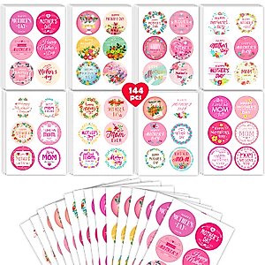 Partywind Mother's Day Stickers Tags Labels, 144 PCS Self-Adhesive Happy Mothers Day Stickers for Cards Birthday, Mothers Day Decorations for Party Supplies Favors