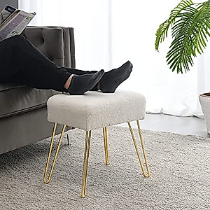 C COMFORTLAND Sherpa Fuzzy Bedroom Stool for Vanity Desk, Small Fluffy Makeup Chair for Dressing Table, Furry Rectangle Ottoman Foot Stool Bench for Bathroom, Living Room, Kids Room White