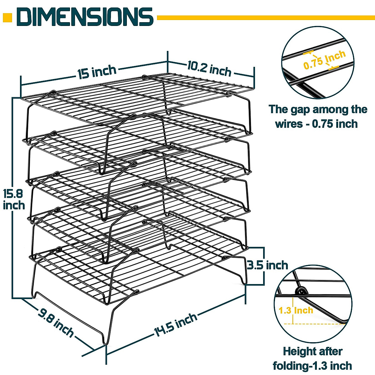 5-Tier Nonstick Cooling Racks, P&P CHEF Stackable Baking Rack Set for Cooking Roasting, Oven Safe & Easy Clean, Stainless Steel Core & Durable, 15” x 10”, Rectangle, Black