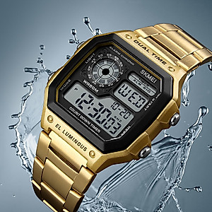 FANMIS Men's Luxury Digital Quartz Waterproof Wrist Watches Dual Time Countdown Alarm Stopwatch Backlight Multi-Function Watch (Gold)