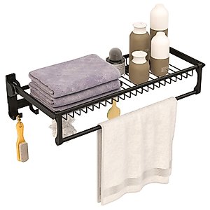 Tangkula Foldable Bathroom Shelf, Wall Mounted Bathroom Shelf Rack w/Adjustable Bar & Movable Hooks, Rustproof & Waterproof Space-Aluminum Holder Organizer, No Assembly Required (Black)