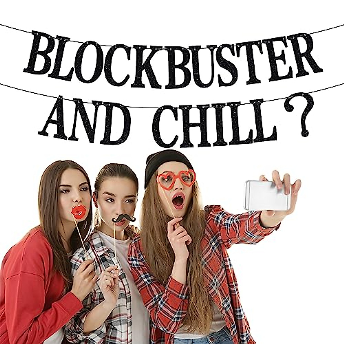 BLOCK BUSTER AND CHILL Banner, Back To 80s 90s, 80‘s 90’s Themed Birthday Party Decorations - Black Glitter