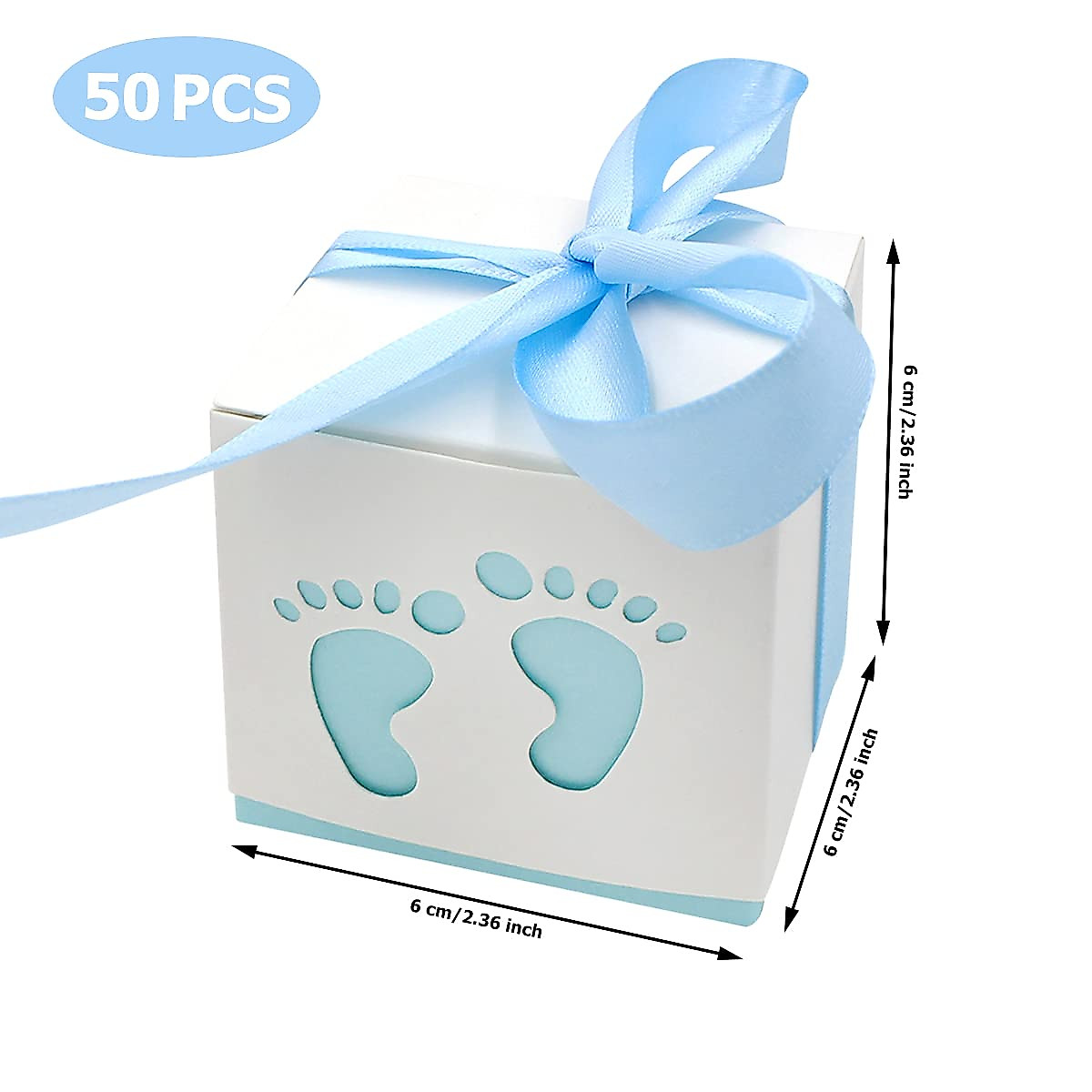 HADEEONG 50pcs Baby Shower Party Favor Boxes, 2.4 x 2.4 inch Small Candy Gift Treat Boxes Footprint Design for Kids Birthday Baby Shower Guests Wedding Party Supplies with Ribbon,Blue