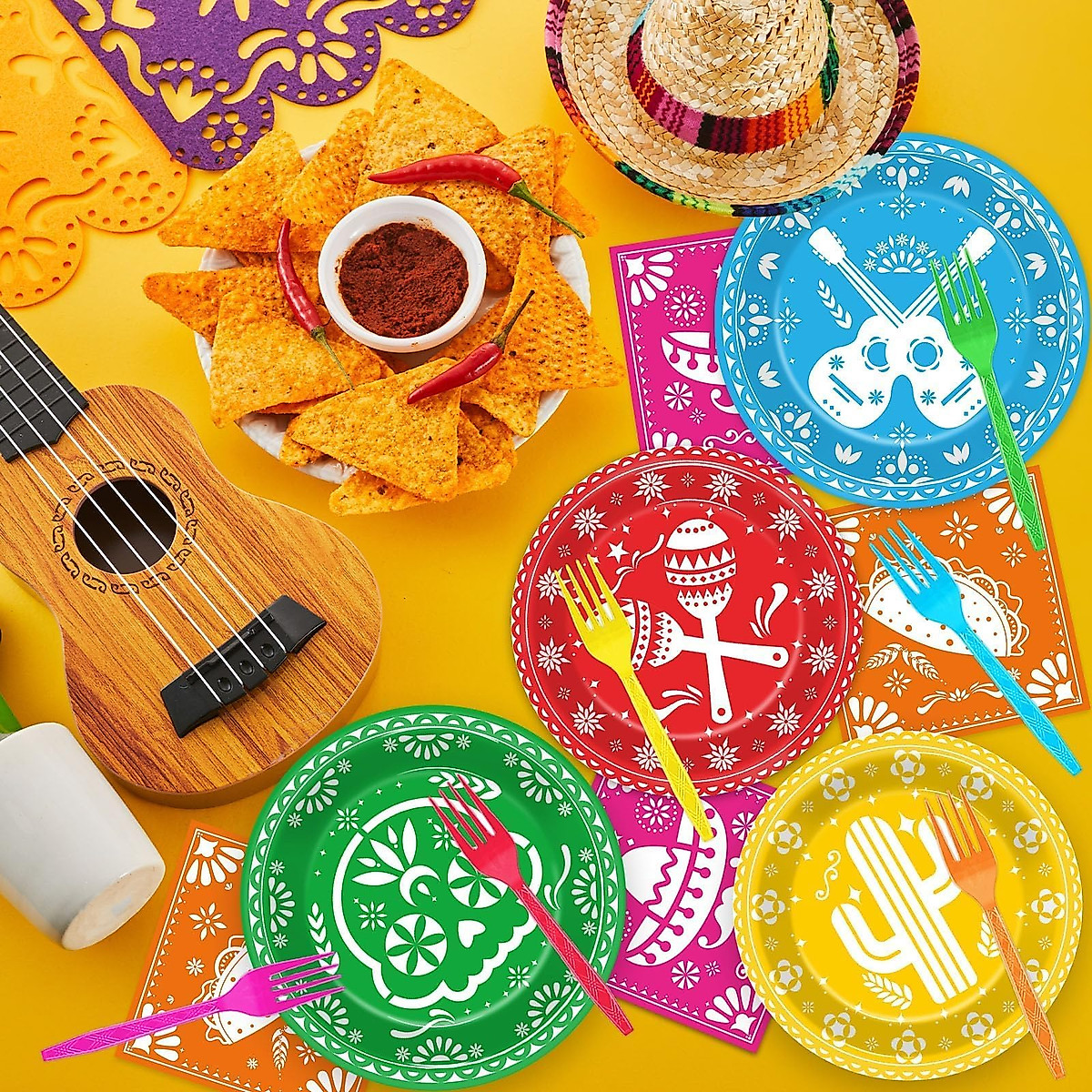 96 Pcs Mexican Fiesta Tableware Cinco De Mayo Party Supplies for 24 Guests Mexican Papel Picado Plates Napkins for Mexican Fiesta Party Decorations Fiesta Taco Birthday Baby Shower Party Favors