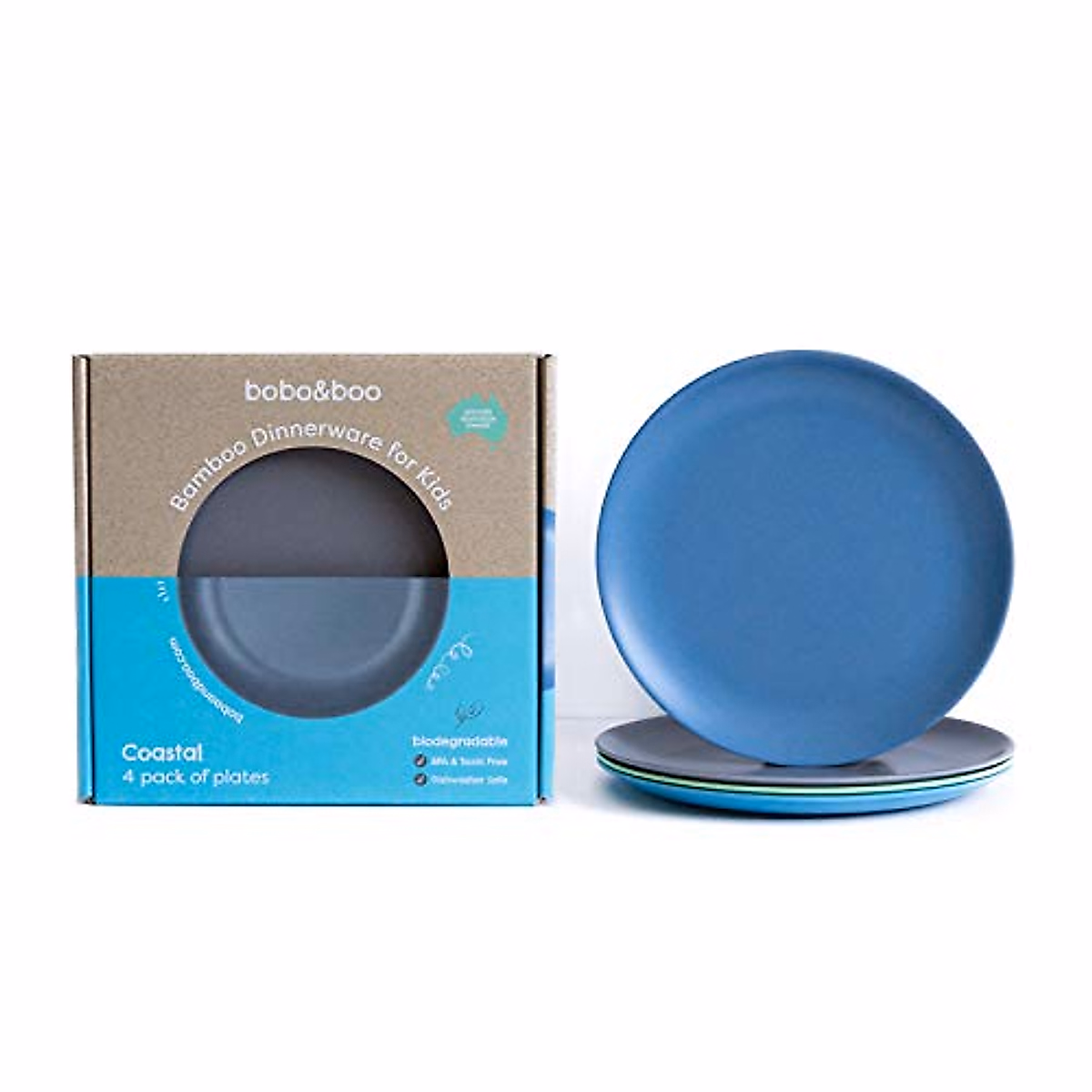 Bobo&Boo Bamboo Kids Plates(7.8inch), Set of 4 Eco Friendly Toddler Plates :: Non Toxic Children’s Dinnerware for Babies & Big Kids :: Mix and Match :: Great Gift for Baby Showers & Birthdays, Coastal