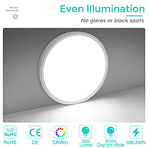 12 Inch 24W LED Flush Mount Ceiling Light Fixture, 5000K Daylight White, 3200LM, Flat Modern Round Light Fixtures, 240W Equivalent White Ceiling Lamp for Kitchens, Stairwells, Bedrooms.etc. 2Pack