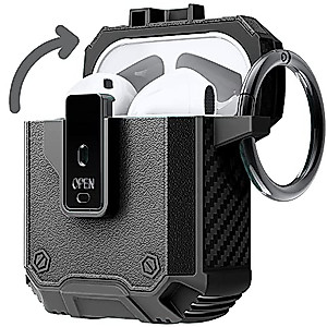 Jusy Military Case Compatible with Airpods 1&2, Rugged Protective Cover with Keychain Clip Accessories, Full Body Shockproof Heavy Duty Hard Skin Wireless Charging (Black)