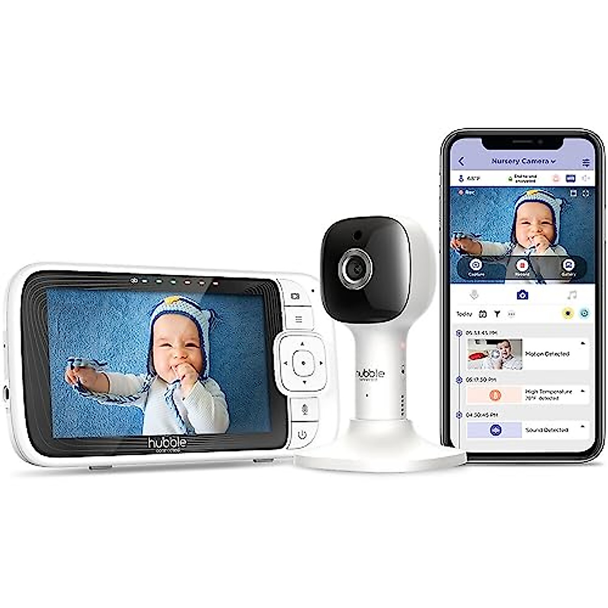 Hubble Connected Nursery Pal Cloud Smart Connected, Wi-Fi Enabled Baby Monitor with 5-Inch HD Color Parent Unit Viewer, Soothing Sounds and White Noise, 7-Color Night Light, Wall Mount, White