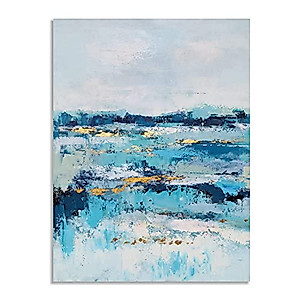 Yihui Arts Abstract Ocean Canvas Wall Art - Blue and Teal Painting with Gold Foil - Modern Coastal Pictures for Living Room Bedroom Kitchen Dinning Decor