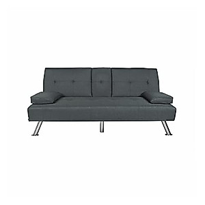 FULife Futon Sofa Convertible Sleeper Couch Bed Daybed Loveseat, Folding Recliner with 2 Cup Holders, Metal Legs, Removable Soft Pillow-Top Armrest for Living Room Small Place, Dark Grey 66.1