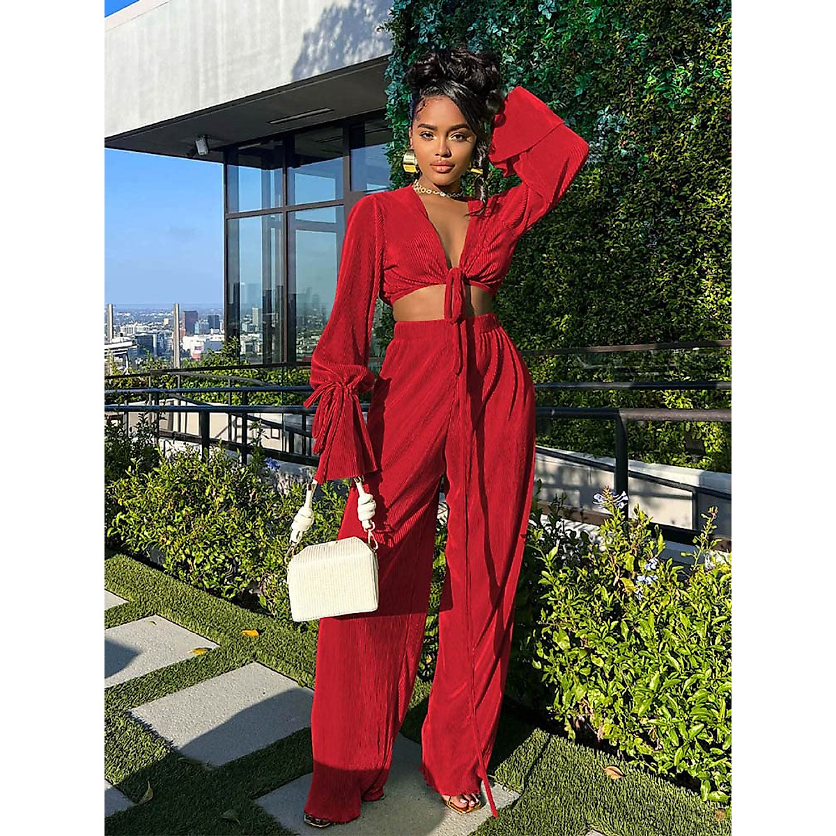 Women Boho 2 Piece Casual Outfit Long Sleeve Tie Front Cardigans Wide Leg Pants Tracksuit Set Red