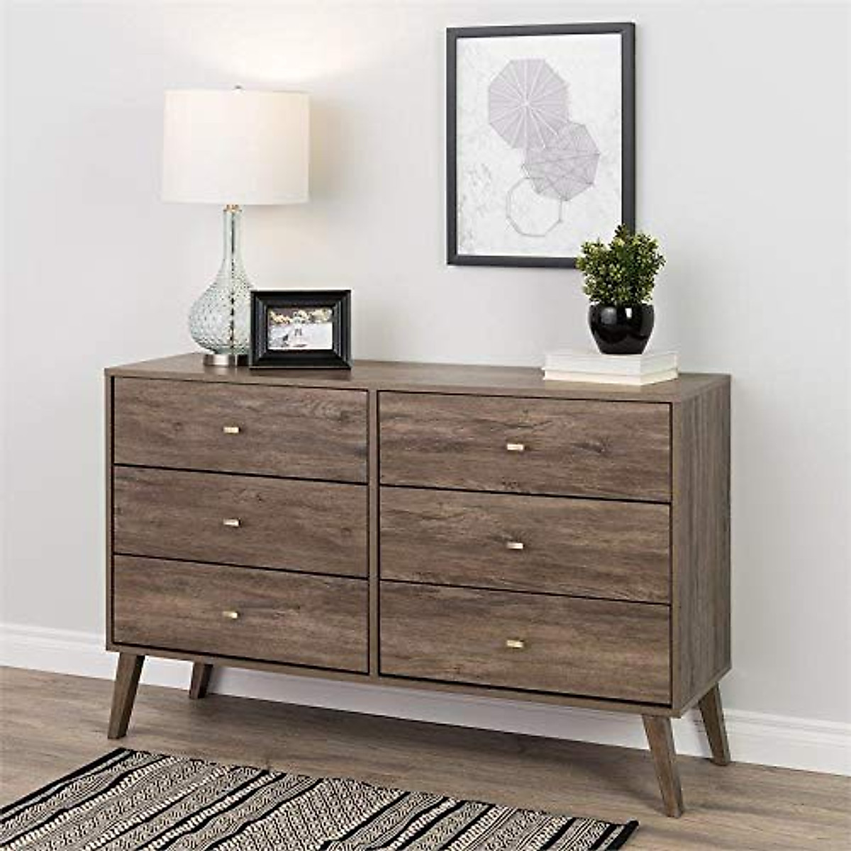 Prepac Milo Mid-Century 6 Drawer Dresser For Bedroom, 16" D x 52.25" W x 33" H, Drifted Gray