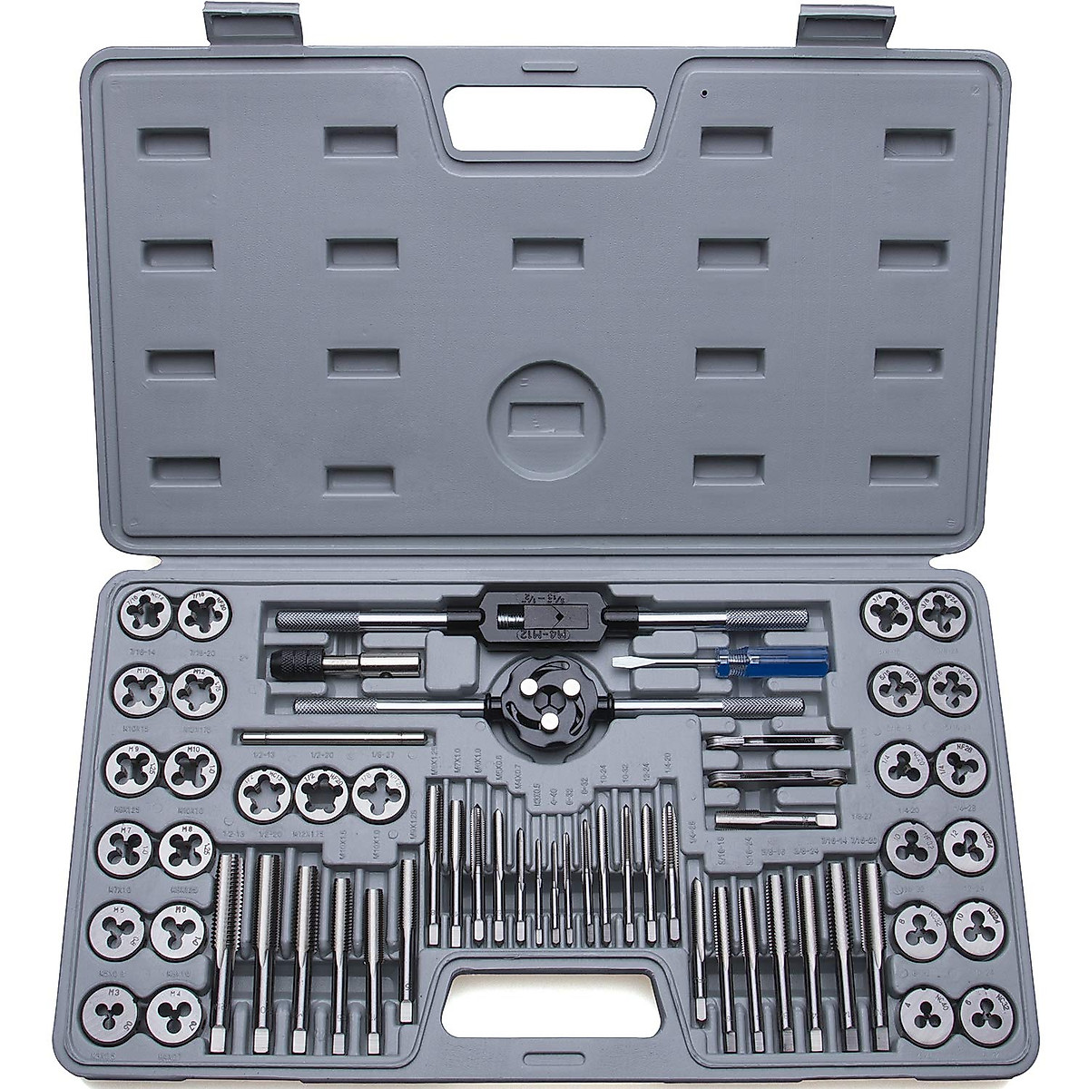 60-Pc Master Tap and Die Set - Include SAE Inch Size #4 to 1/2” and Metric Size M3 to M12, Coarse and Fine Threads | Essential Threading Rethreading Tool Kit with Complete Accessories and Storage Case