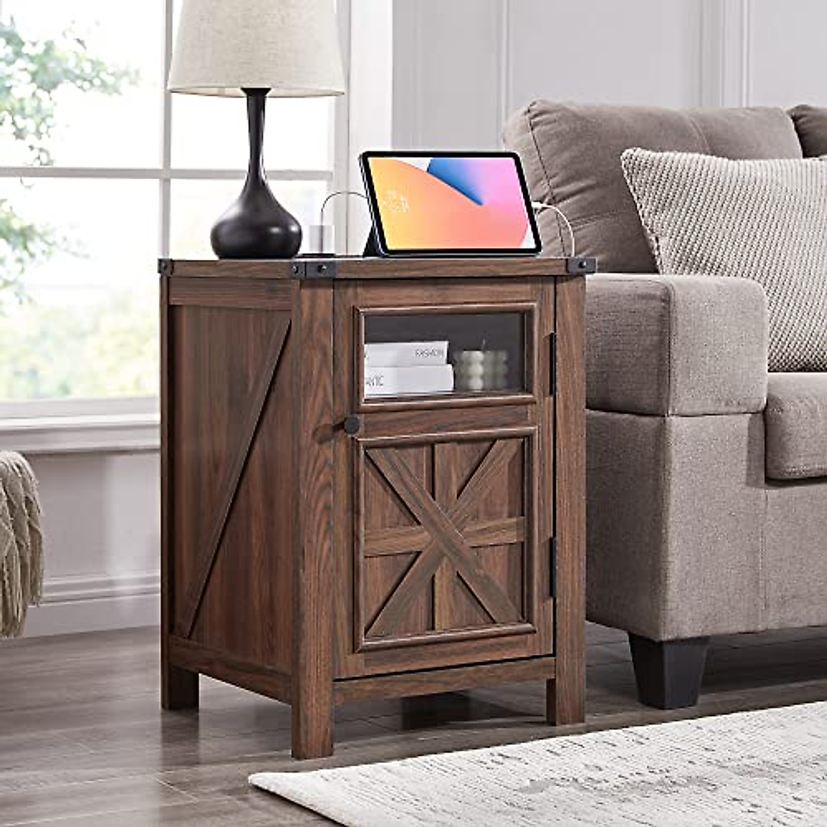 JXQTLINGMU Farmhouse End Table with Charging Station, 18'' Rustic Nightstand with Barn Door & Adjustable Shelf, Wooden Sofa Side Table with 3-Tier Storage for Living Room, Bedroom, Brown