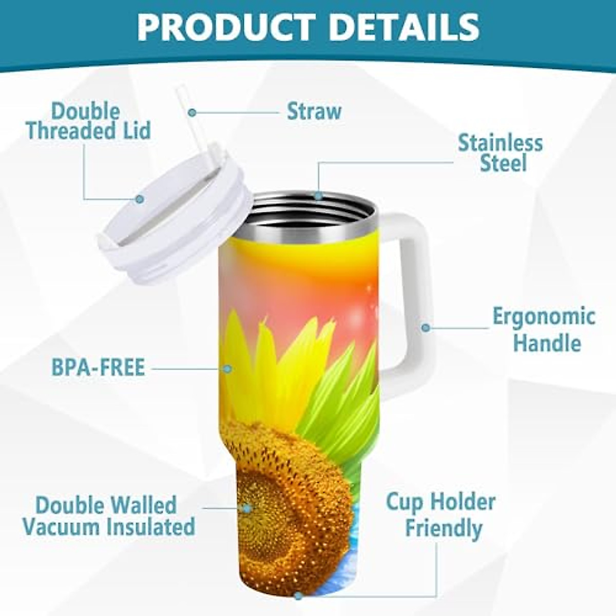 ARGTILDN 40 oz Tumbler Rainbow Sunflowers Insulated Travel Mug with Handle and Straw Lid Stainless Steel Vacuum Coffee Cup Tea Beverage Container Water Bottles for Car Sports office