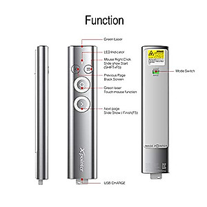 X POINTER Image Pointer with Air Mouse Control - SoftwareBased Multifunction Presentation Clicker Remote with GreenLaser, Wireless Rechargeable Pointer for Windows and Mac