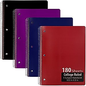 Emraw 5 Subject Notebook Spiral with 180 Sheets of College Ruled White Paper - Set Includes: Red, Black, Purple, & Blue Covers (Random 3 Pack)