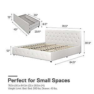DHP Dakota Upholstered Platform Bed with Underbed Storage Drawers and Diamond Button Tufted Headboard and Footboard, No Box Spring Needed, King, White Faux Leather