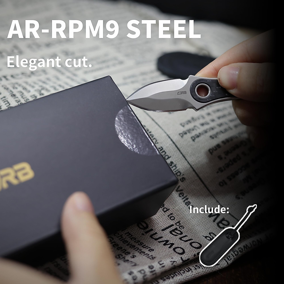 CJRB Knap Pocket Knife, Fixed Blade with Sheath, Pocket Knife with 1.18'' AR-RPM9 Powder Steel Blade, EDC knife with Carbon Fiber Handle for Men Women Outdoor Survival Camping (J1940)