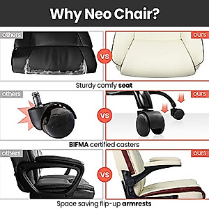 NEO CHAIR Office Chair Adjustable Desk Chair Mid Back Executive Desk Comfortable PU Leather Chair Ergonomic Gaming Chair Back Support Home Computer Desk with Flip-up Armrest Swivel Wheels (Ivory)