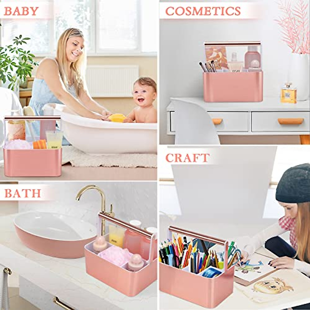 BYUNER Plastic Shower Caddy Basket - Portable Large Bath Storage Organizer Bin Tote with Handle and divider for College Dorm,Cabinet,Bathroom Counter, Brushed Nickel White