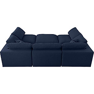 Meridian Furniture Serene Collection Modern | Contemporary Deluxe Comfort Modular Sectional, Soft Linen Textured Fabric, Down Cushions, 2 Corner + 3 Armless + 1 Ottoman, Navy