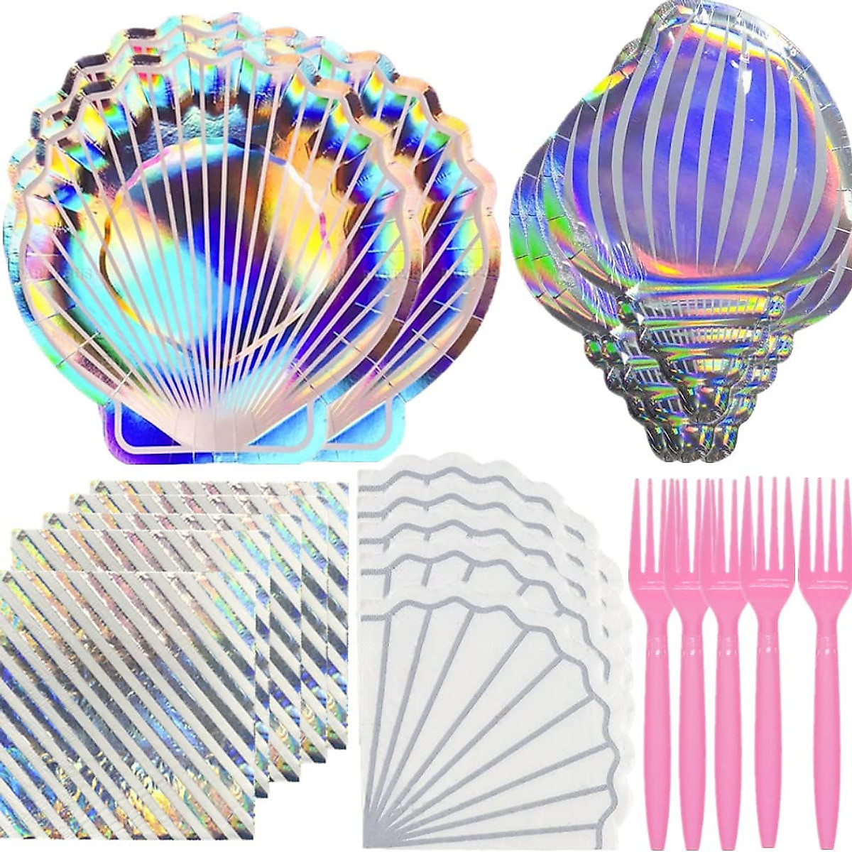104 Pieces Mermaid Party Tableware Supplies Kit,32 Mermaid Clam Shell Plates,40 Holographic Napkins,32 Pink Forks,Disposable Mermaid Paper Plates Napkins Forks for Birthday Wedding Party (104)