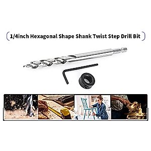 3/8" Twist Step Drill Bit Hex Shank Pocket Hole Drill Bit with Adjustable Depth Stop Collar for Pocket Hole Jig Kit