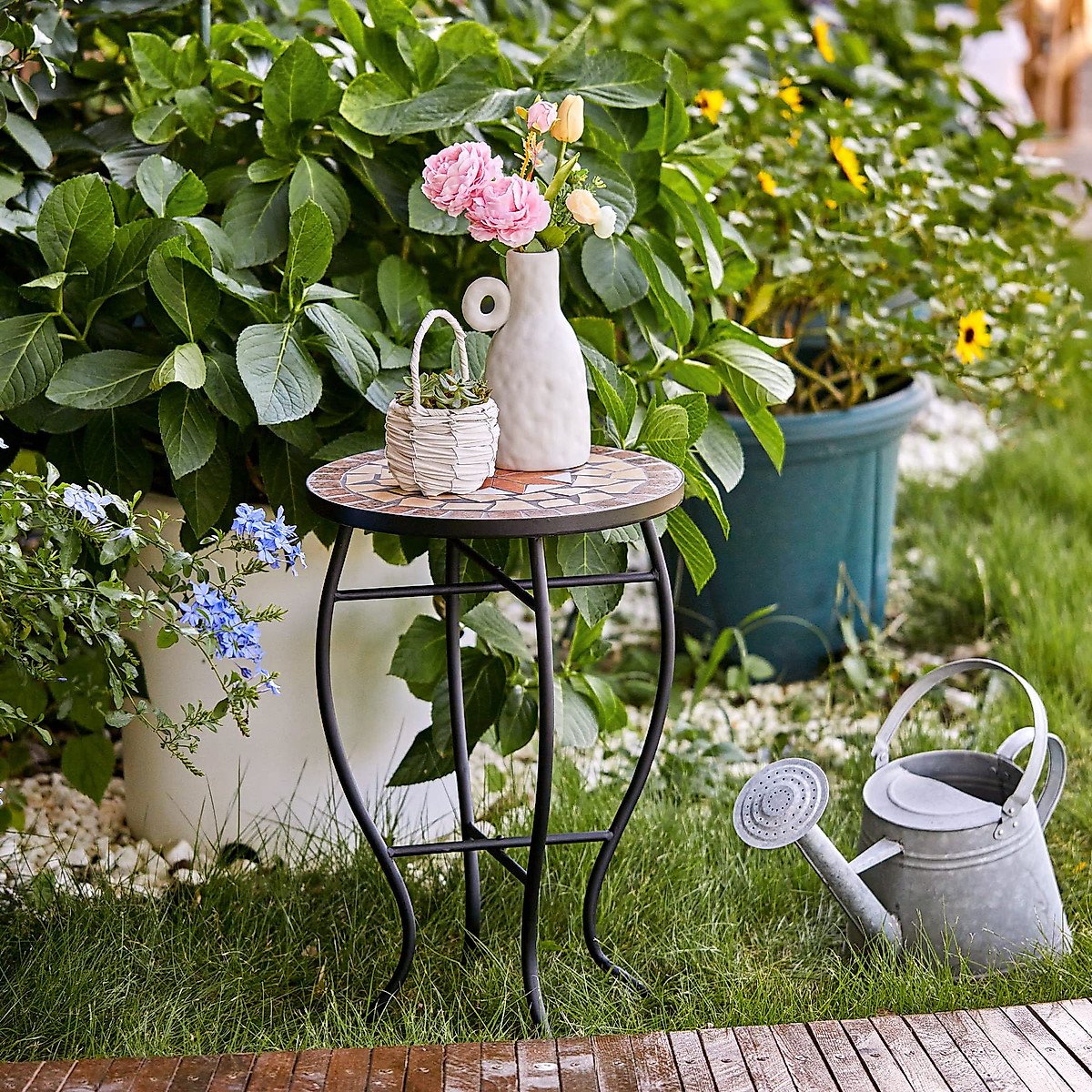 VONLUCE Mosaic Side Table and Plant Stand, 21" Round End Table with 14" Ceramic Tile Top, Indoor & Outdoor Accent Table, Porch Patio Furniture, Entryway & Coffee Table for Home & Garden, Maple