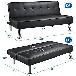 Topeakmart Tufted Faux Leather Sofa Couch Foldable Sofa Sleeper Bed Black Guest Couch Bed Converts to Recliner and Bed