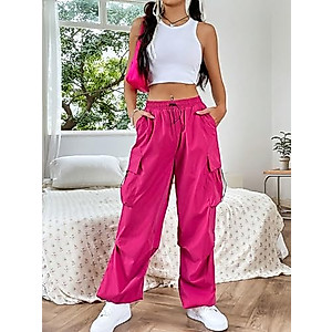 SweatyRocks Women's Drawstring Elastic Waist Loose Pants Casual Flap Pocket Cargo Pants Trousers Hot Pink M