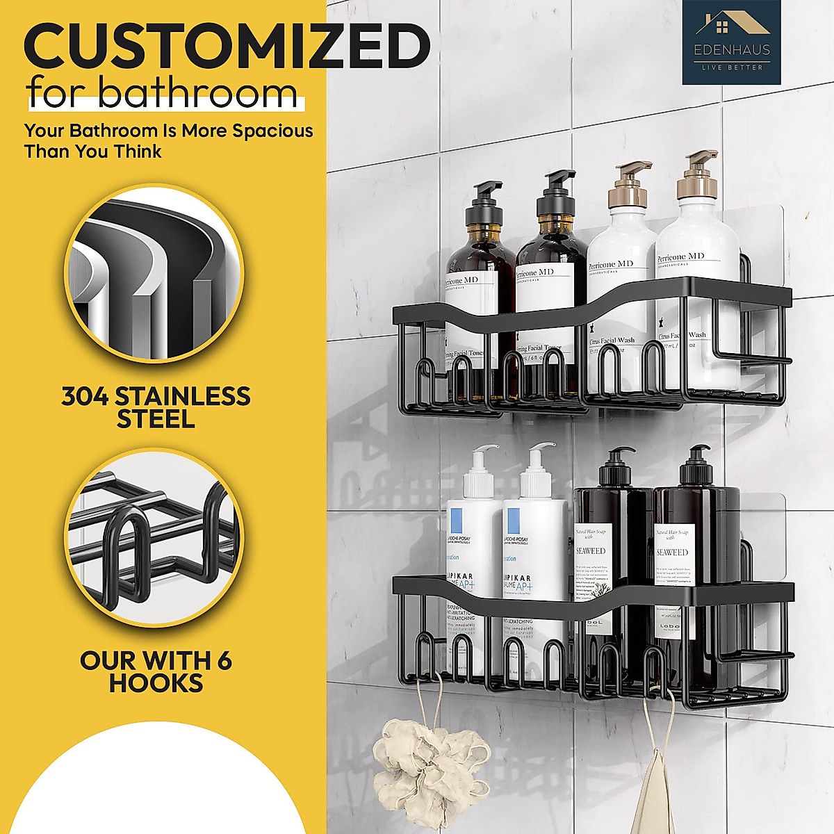 Shower Caddy Set of 5 – 2 Large Stainless Steel Shower Racks with 20 Hooks, 2 Soap Holders & 1 Toothbrush Holder