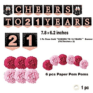 21st Birthday Decorations for her - (21pack) Cheers to 21 Years Rose Gold Glitter Banner for her, 6 Paper Poms, 6 Hanging Swirl, 7 Decorations Stickers. 21 Years Old Party Supplies Gifts for her